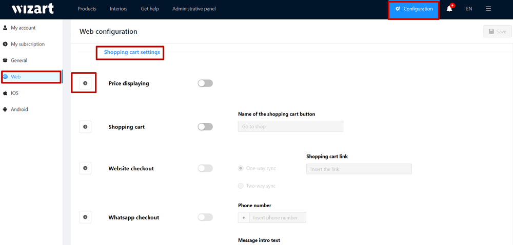 Step 3 . Choose the Web tab and scroll down to the Shopping Cart ...